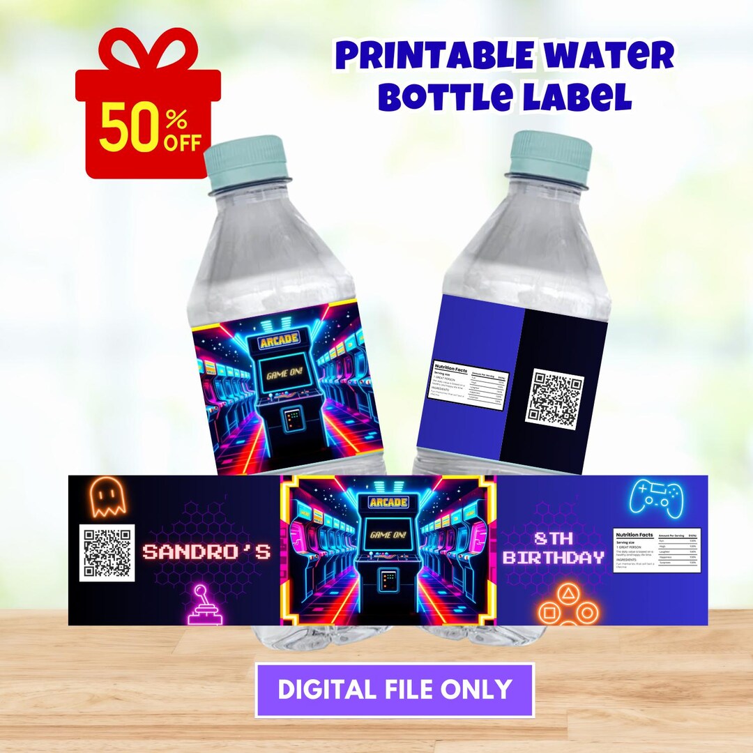 Editable Arcade Birthday Party Water Bottle Label, Personalized Gamer ...
