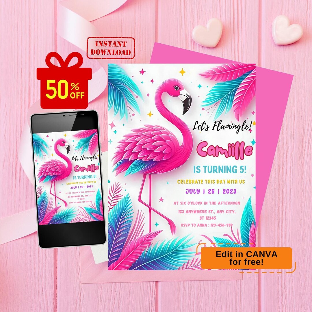 Flamingo Birthday Invitation, Flamingo Birthday Party Invitation, Pink ...