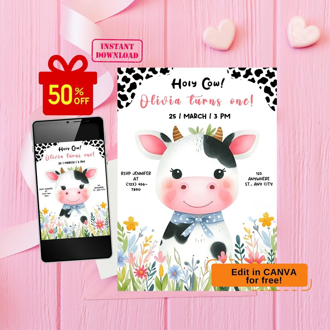Cow Birthday Invitation, Holy Cow Birthday Invitation, Cow Party Invite ...