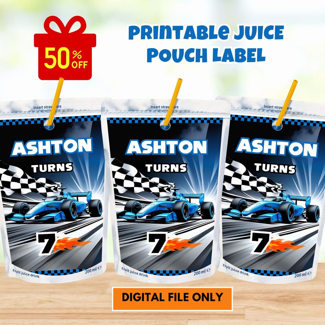 Blue Race Car Party Personalized Juice Pouch Labels, Juice Label ...