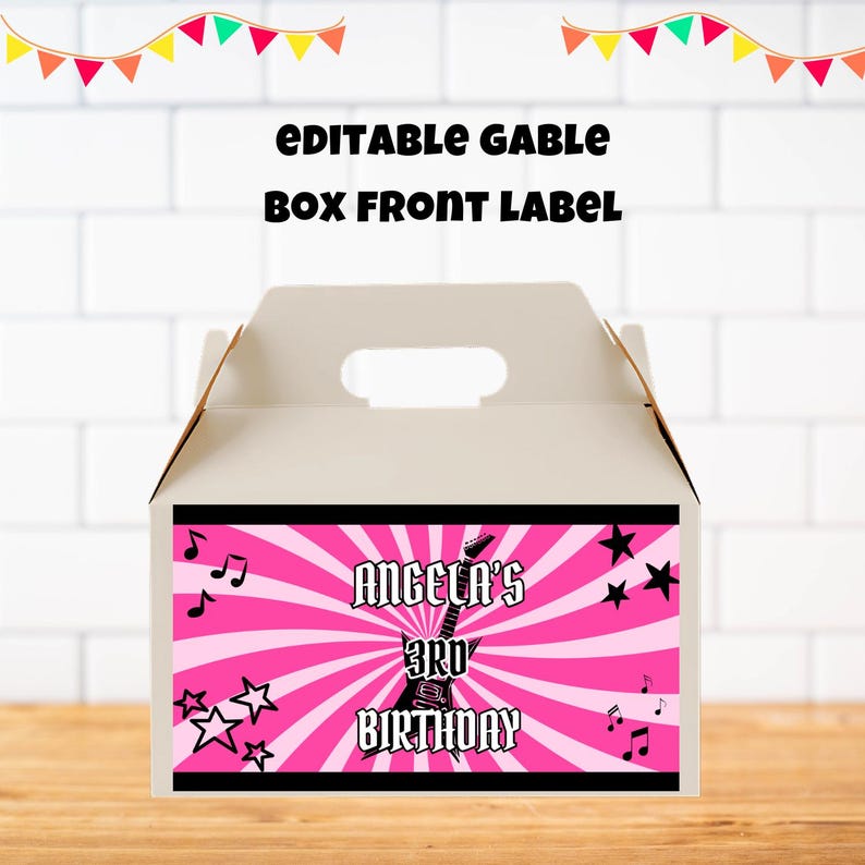 Editable Pink Rock Star Gable Box Label Treat Box Guitar Pop Cupcake ...