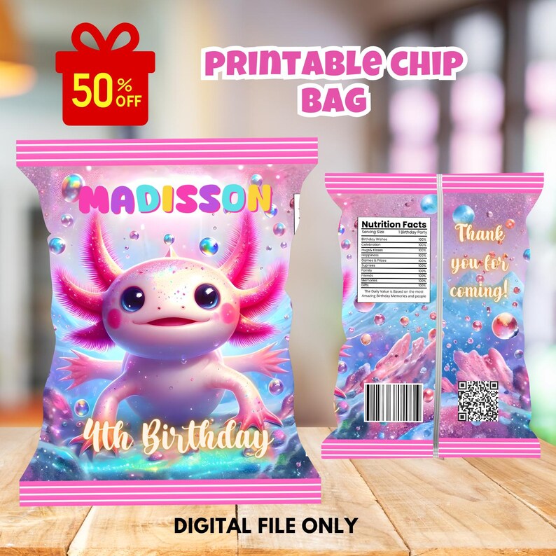 Axolotl Chip Bag Template, Girl Axolotl, Axolotl Party, Party Printable ...