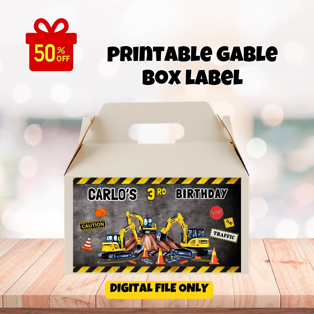 Editable Construction Gable Box Label, Construction Trucks Birthday ...
