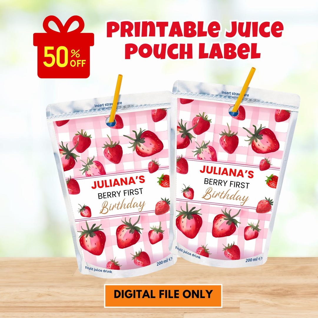 Editable Berry First Birthday Juice Label, Berry Juice Pouch Label ...