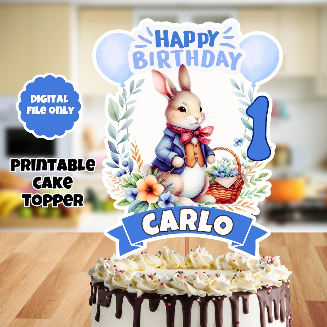 Editable Rabbit Cake Topper Template, Blue Rabbit Birthday Cake Topper ...