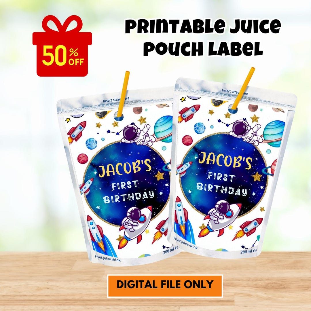 Editable Outer Space Juice Pouch Label Juice Favors Planets Astronaut ...