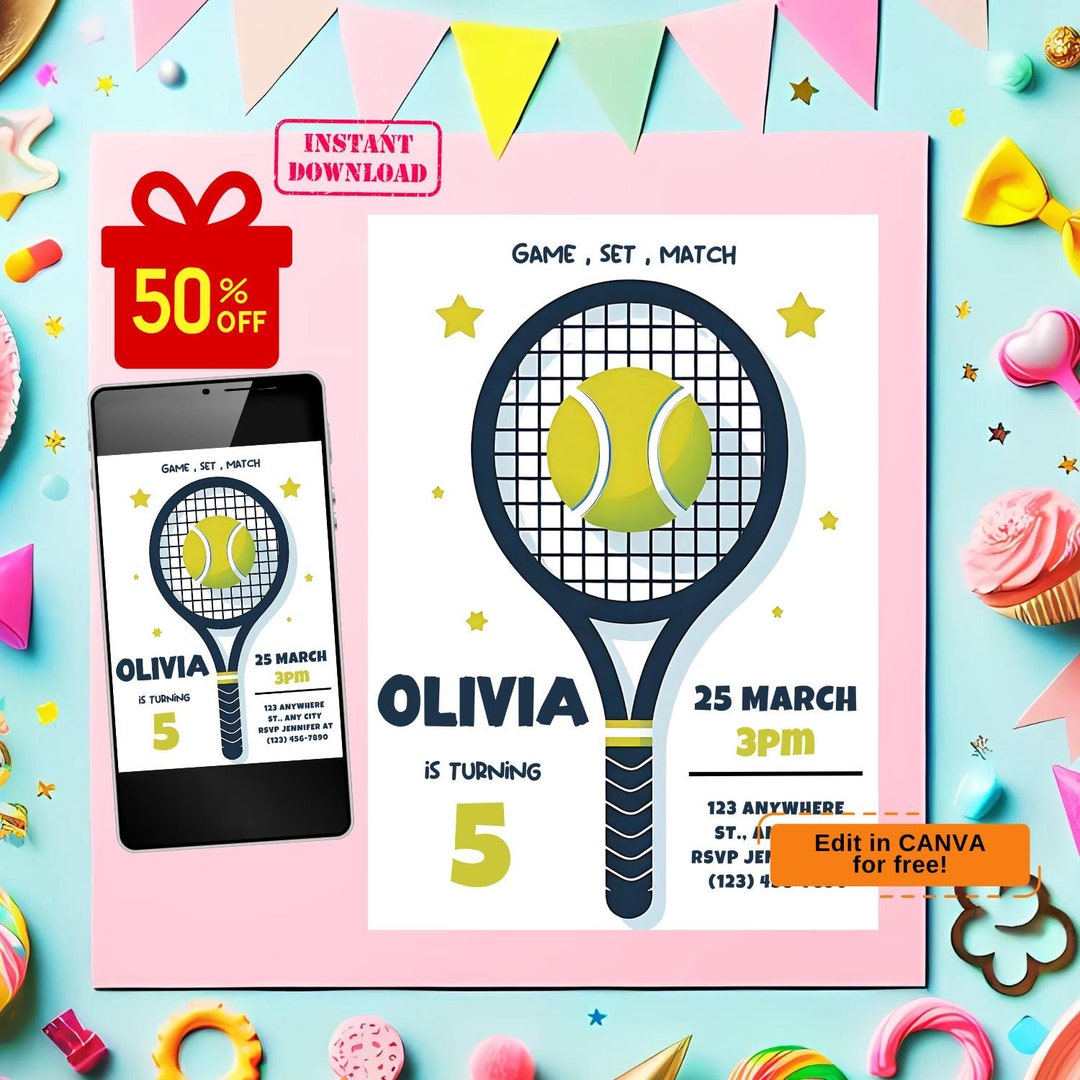 Tennis Birthday Invitation, Summer Sports Party Invite, Tennis Party ...