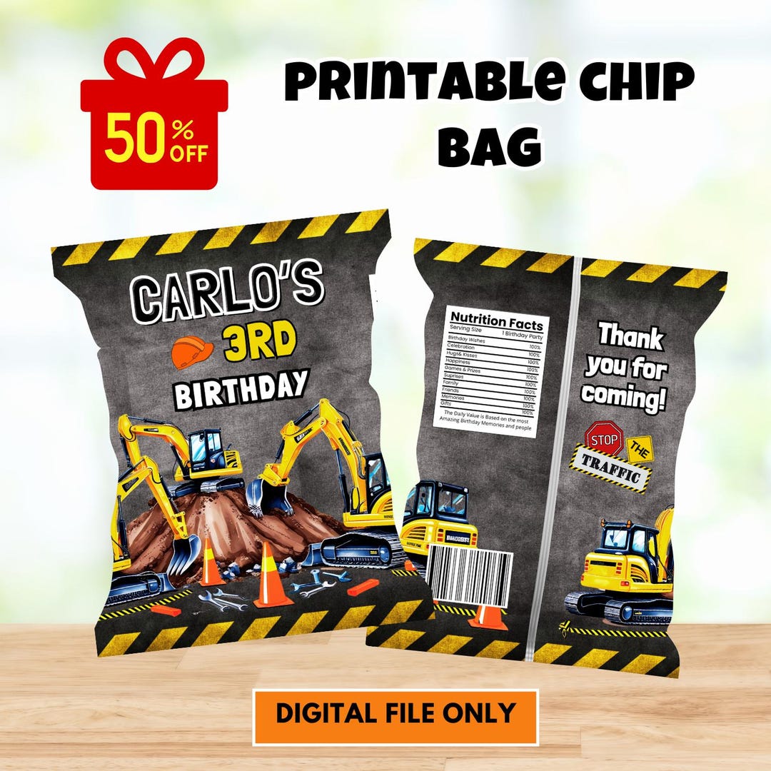 Construction Chip Bag, Chips Pouch Favors, Truck Traffic Road Cement ...