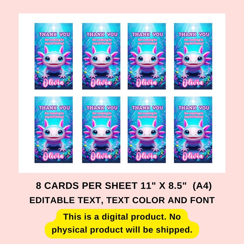 Editable Axolotl Thank You Tags, Pink Girl Axolotl, Axolotl Party ...