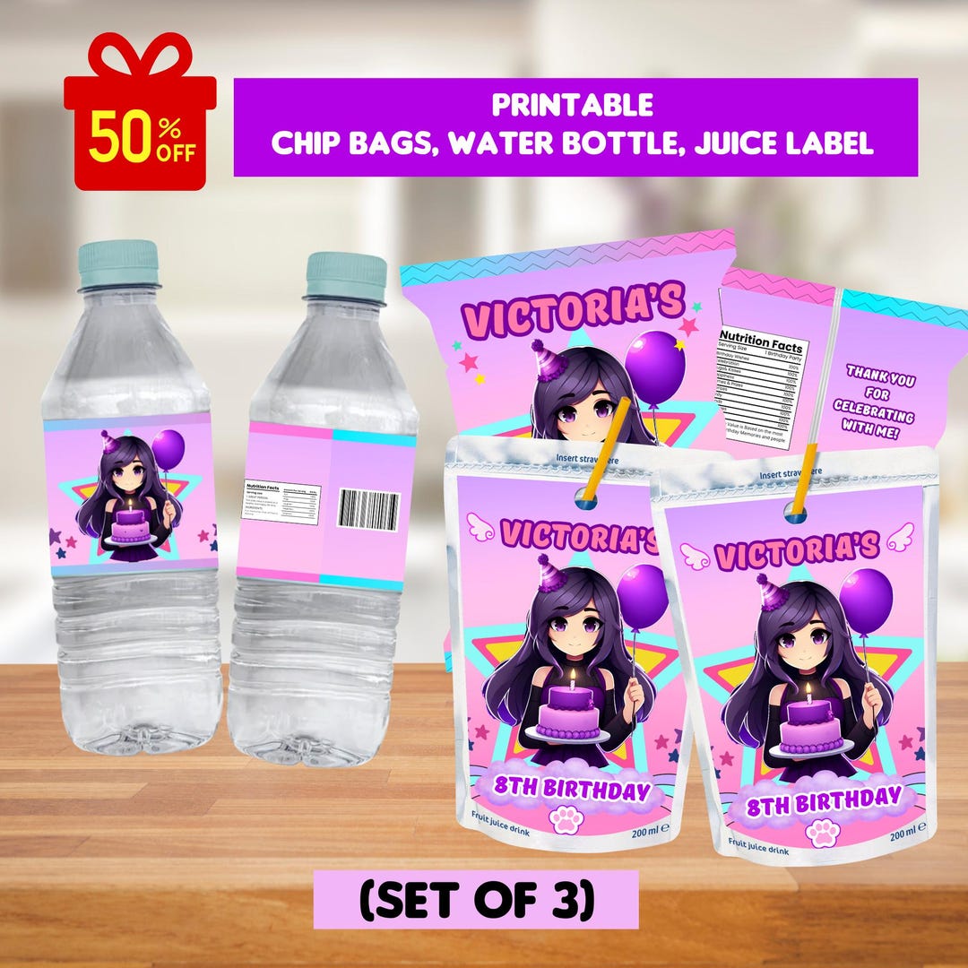 Aphmau Birthday Party Bundle, Aphmau Chip Bag, Juice Pouch Label, Water ...