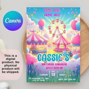 Pink Carnival Birthday Invitation, Circus Birthday Invitation, Carnival ...