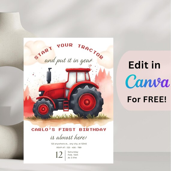 Red Tractor Invitations Tractor Time Birthday Party Invitations (8