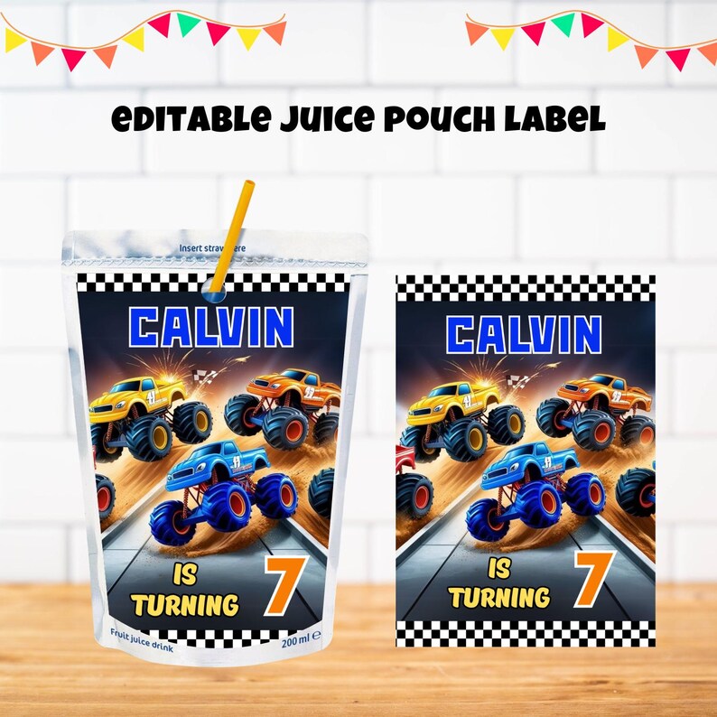 Editable Monster Truck Birthday Juice Pouch Label - Monster Truck Party ...