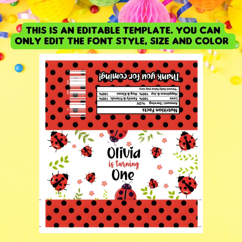 Editable Ladybug Chocolate Label, Ladybug Candy Bar Labels Party Decor ...