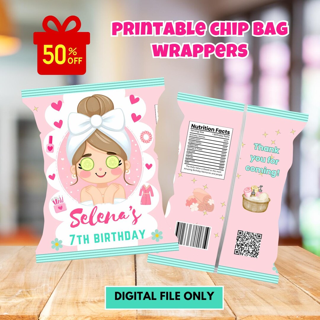 Spa Chip Bag Template, Party Label, Chip Bag Label, Printable Digital ...