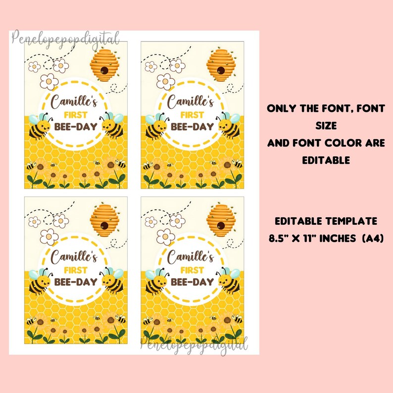 Editable Bee Birthday Bundle, Honey Bee One Birthday Pack, Party Bundle ...