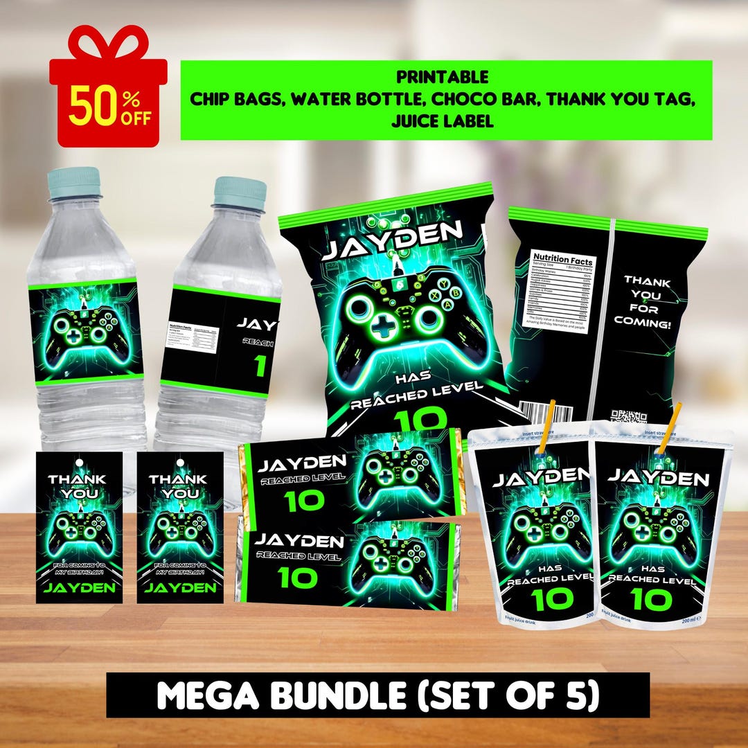 Video Game Bundle, Instant Download, Gamer Bundle, Chip Bag, Water ...