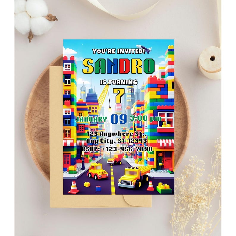 Building Blocks Birthday Invitation, Building Bricks Kids Birthday ...