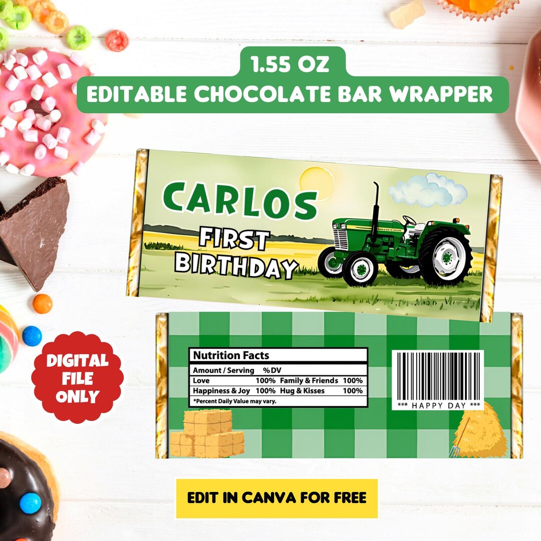 Editable Tractor Birthday Party Chocolate Wrapper, Farm 1st Birthday ...