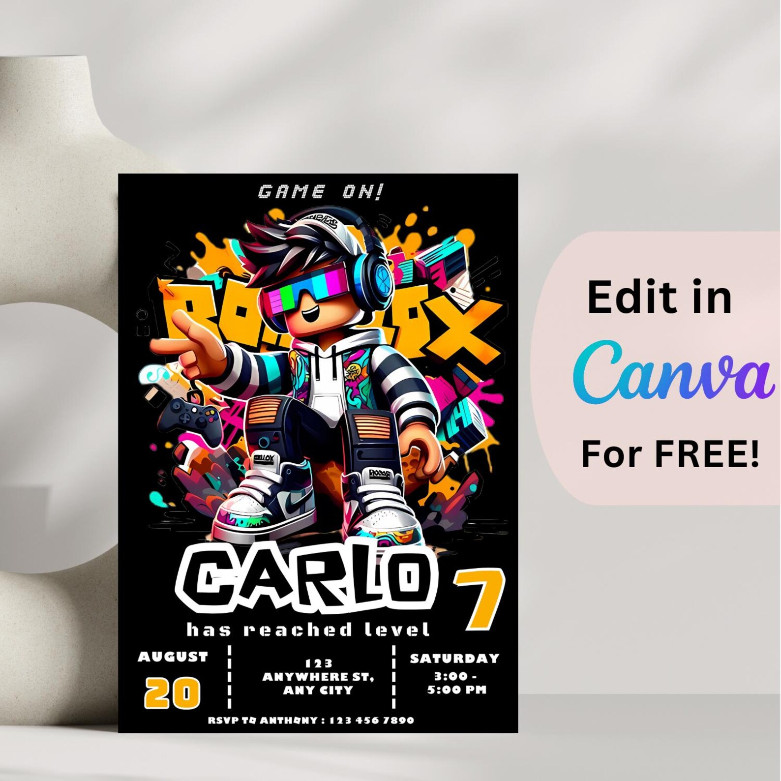 Roblox Invitation, Roblox Birthday Invitation, Roblox Party Invite, Boy ...