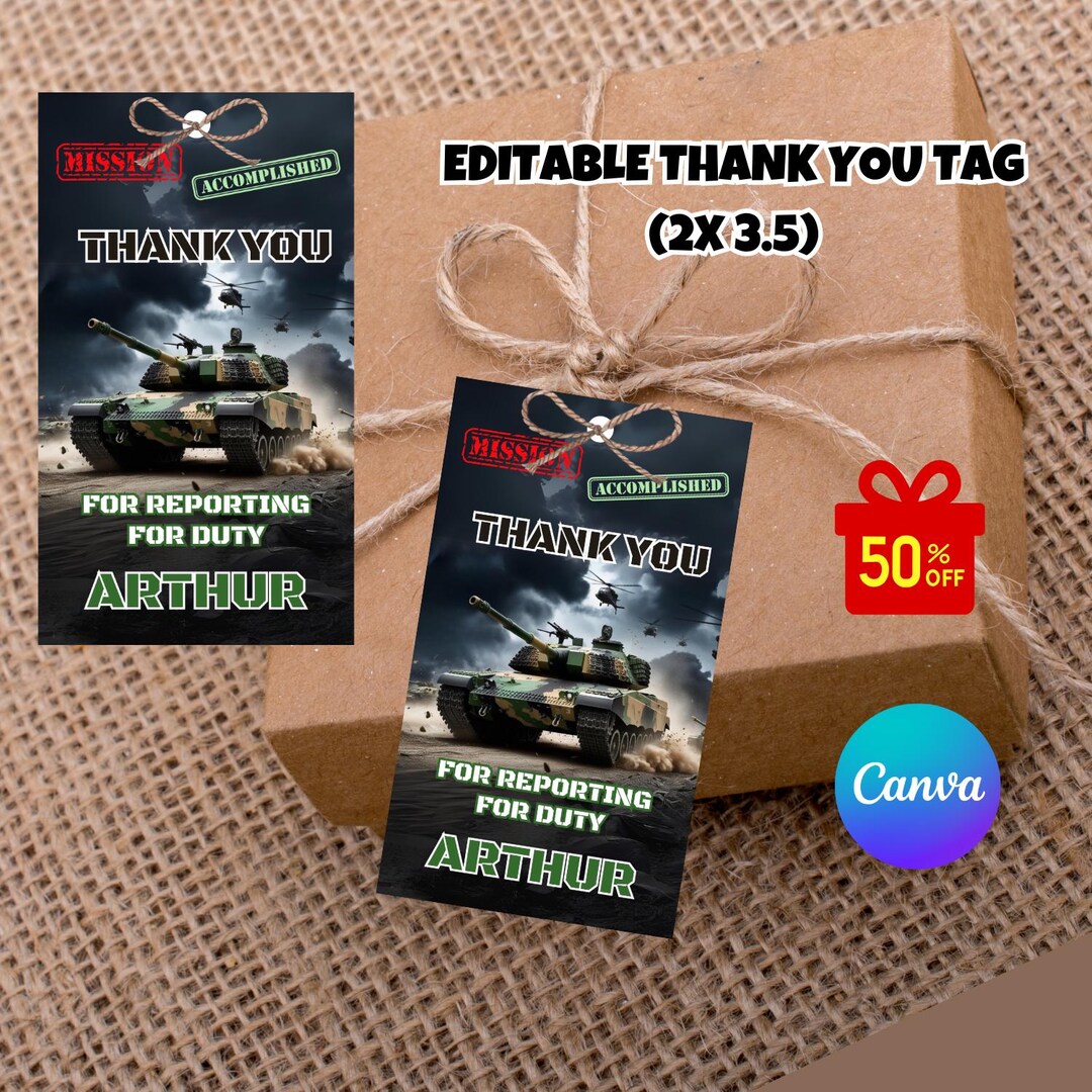 Editable Army Birthday Thank You Tags, Boy Military Party Favor Labels ...