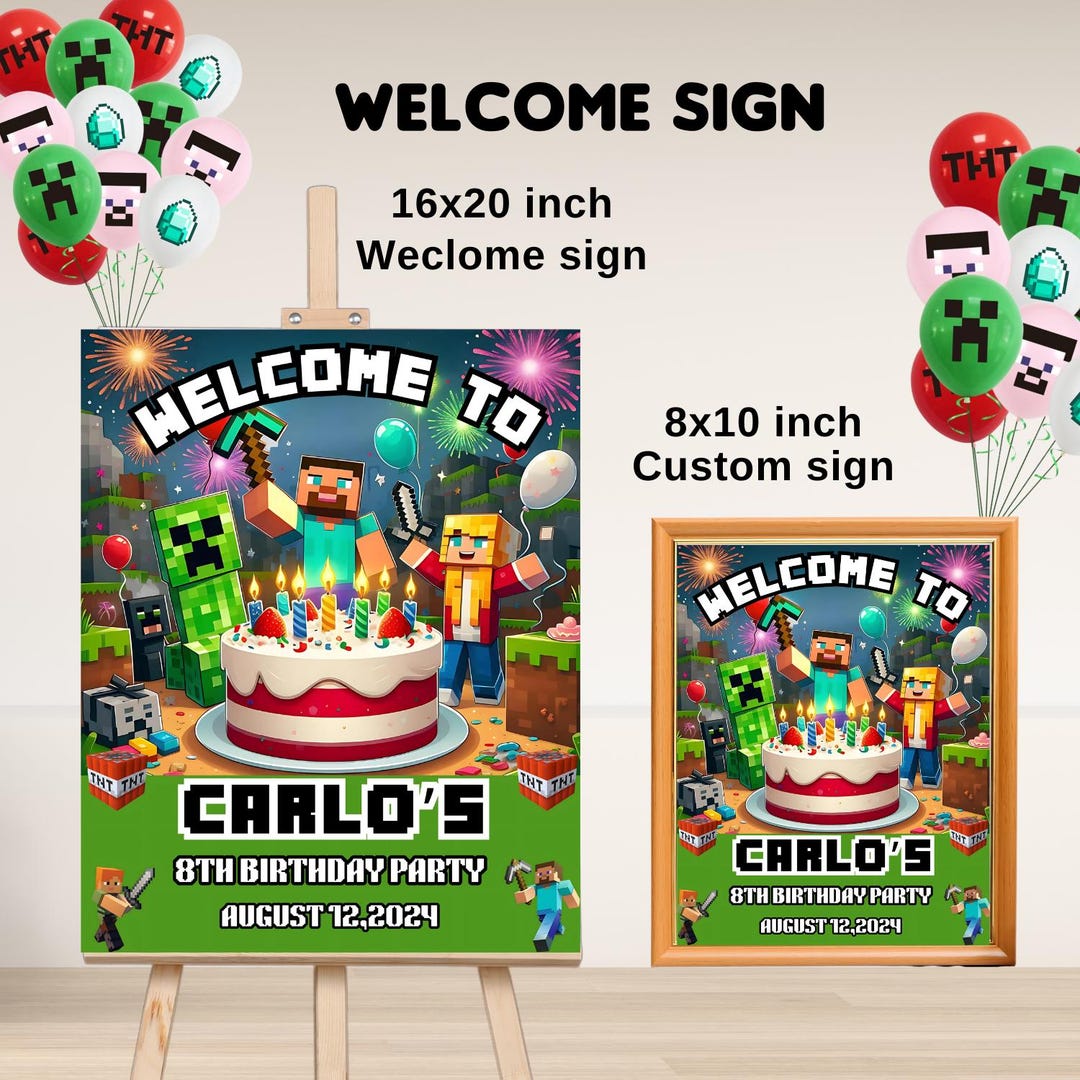 Minecrafter Welcome Sign, Template Printable Poster Decor Boy Birthday ...