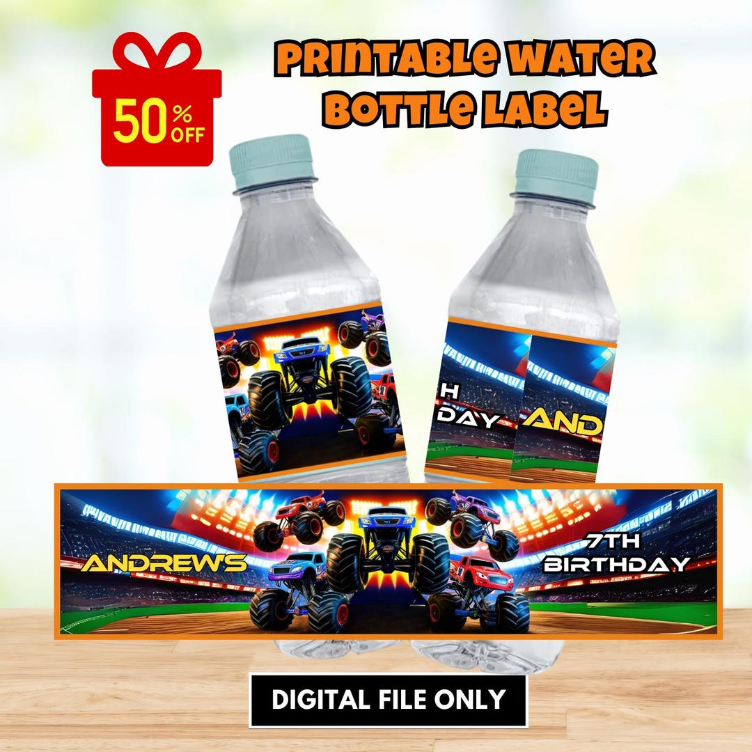 Editable Monster Truck Birthday Water Bottle Labels - Monster Truck ...