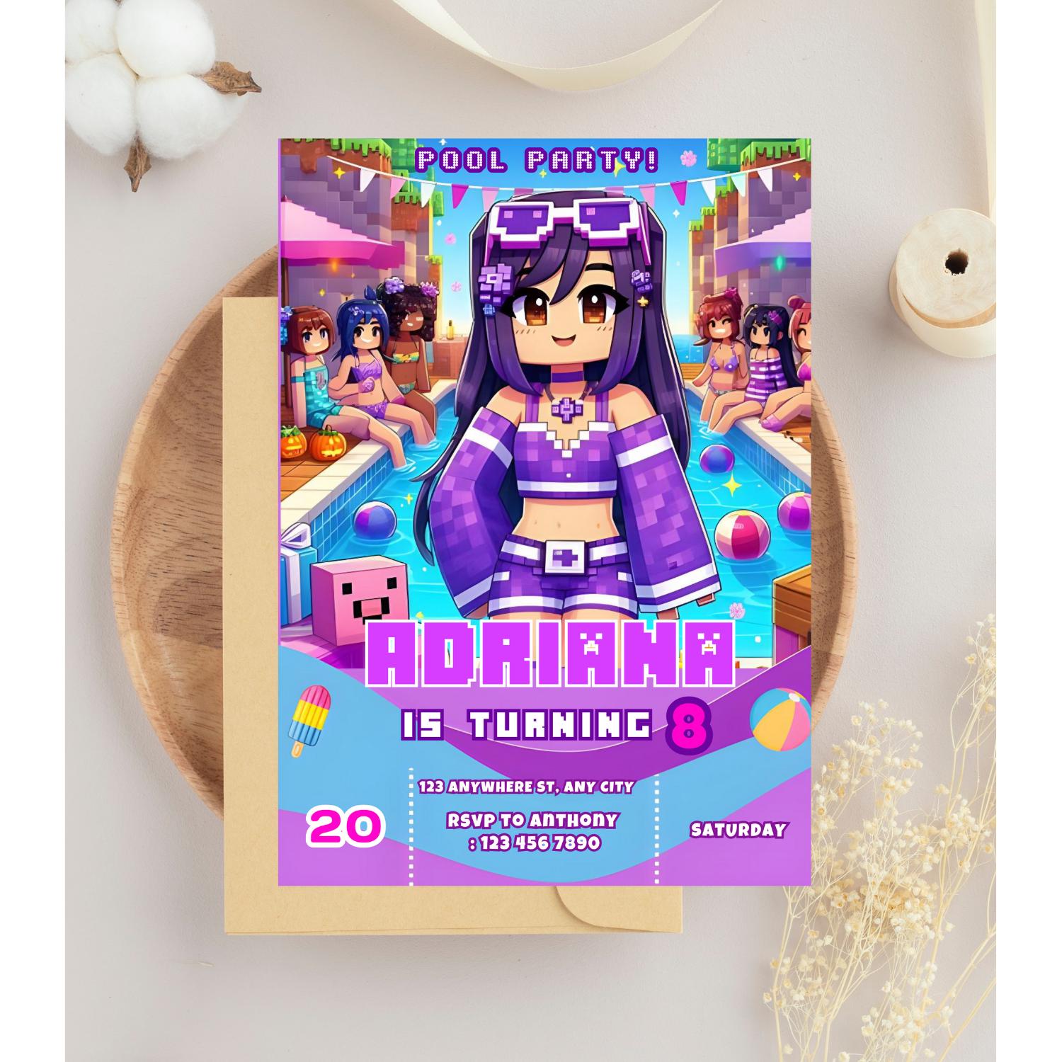 Aphmau Birthday Invitation, Minecrafter Pool Party, Aphmau Pool Party ...