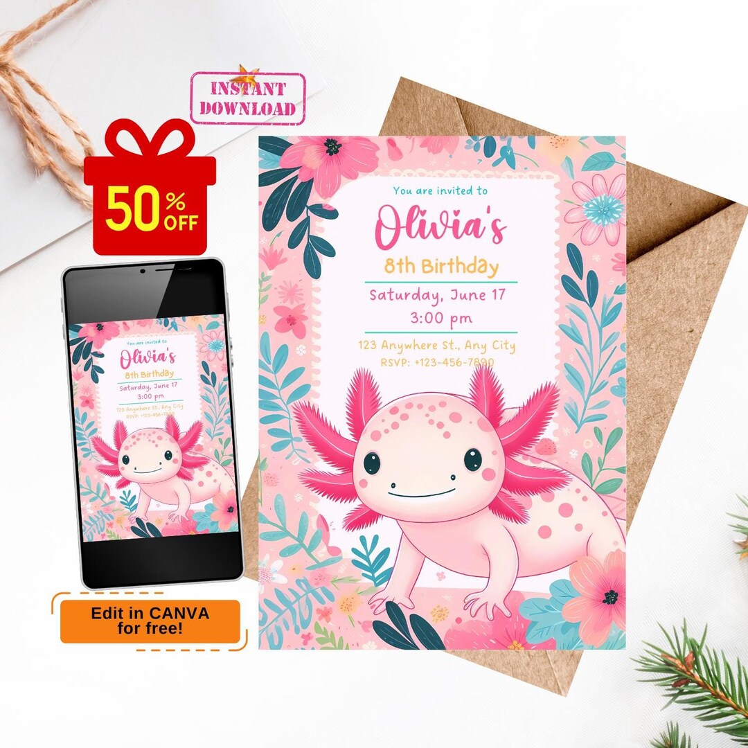Axolotl Birthday Invitation, Axolotl Party Invitation, Axolotl ...