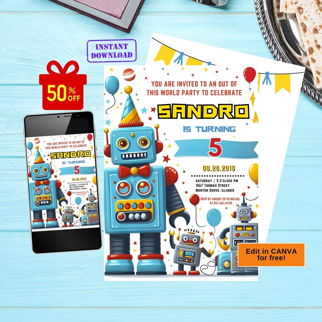 Robot Birthday Invitation, Robots Birthday Party Invitation, Robot ...