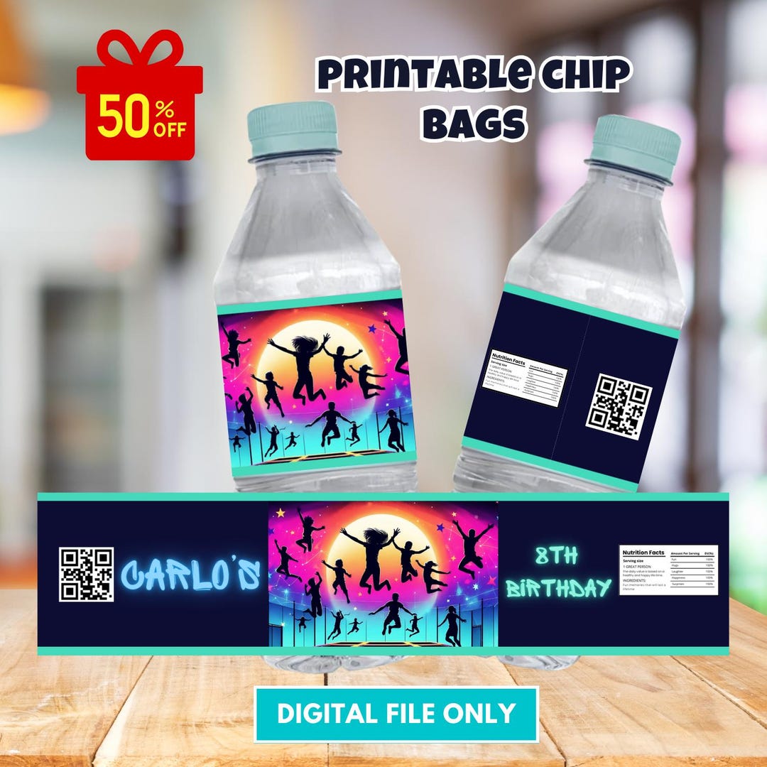 Editable Jump Water Bottle Label Jump Birthday Trampoline Label Bounce ...