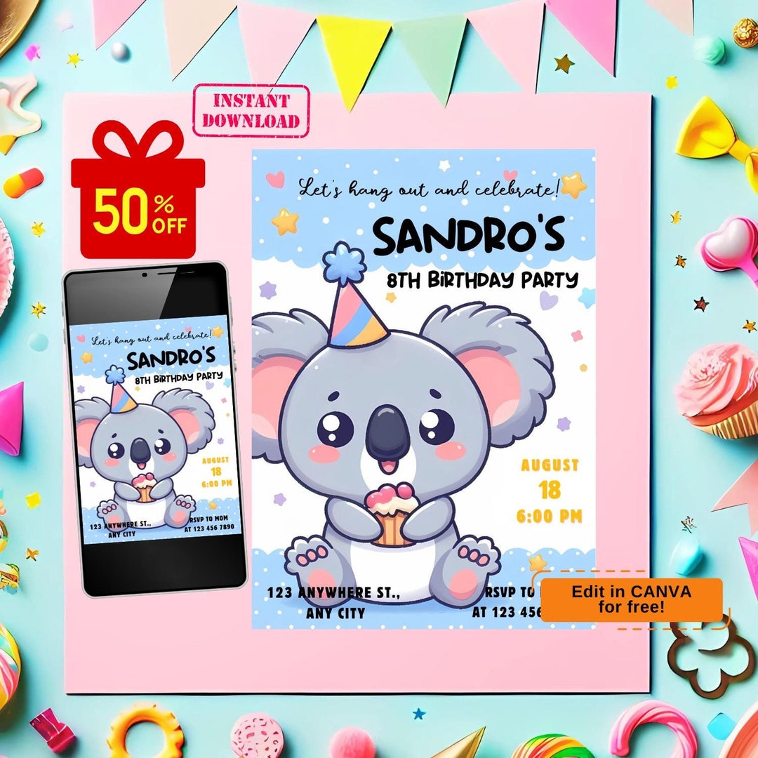 Koala Birthday Invitation, Koala Party Invitation, Koala Invitation ...