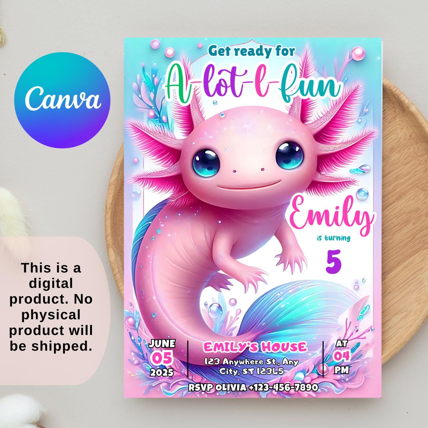 Axolotl Birthday Invitation Pastel for Girl Editable Pink Axolotls ...