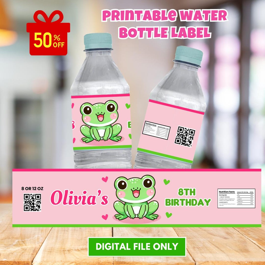 Frog Theme Water Bottle Label, Cute Pink Frog Water Bottle Label Party ...