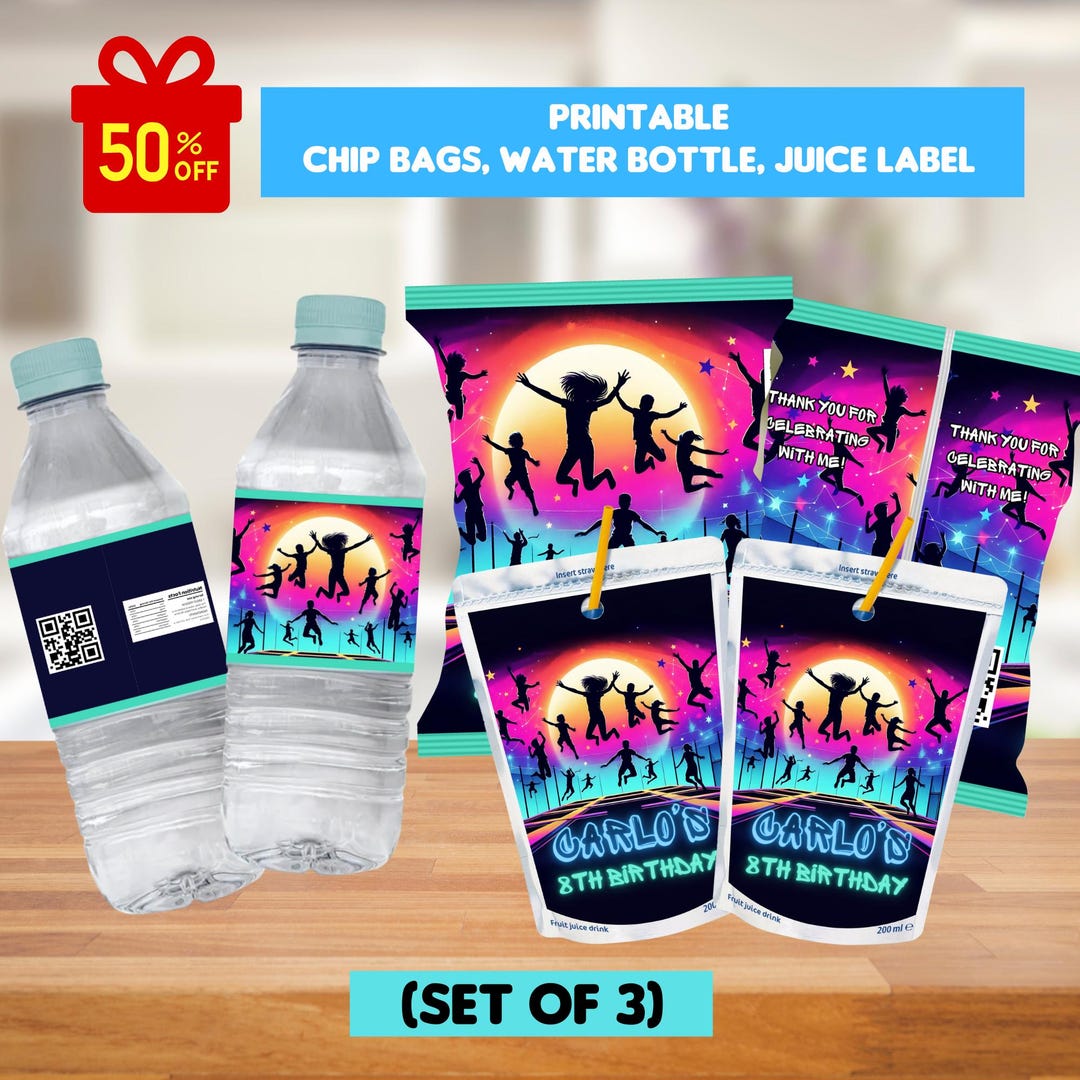 Editable Trampoline Park Bundle Template, Chip Bag, Juice Pouch Label ...