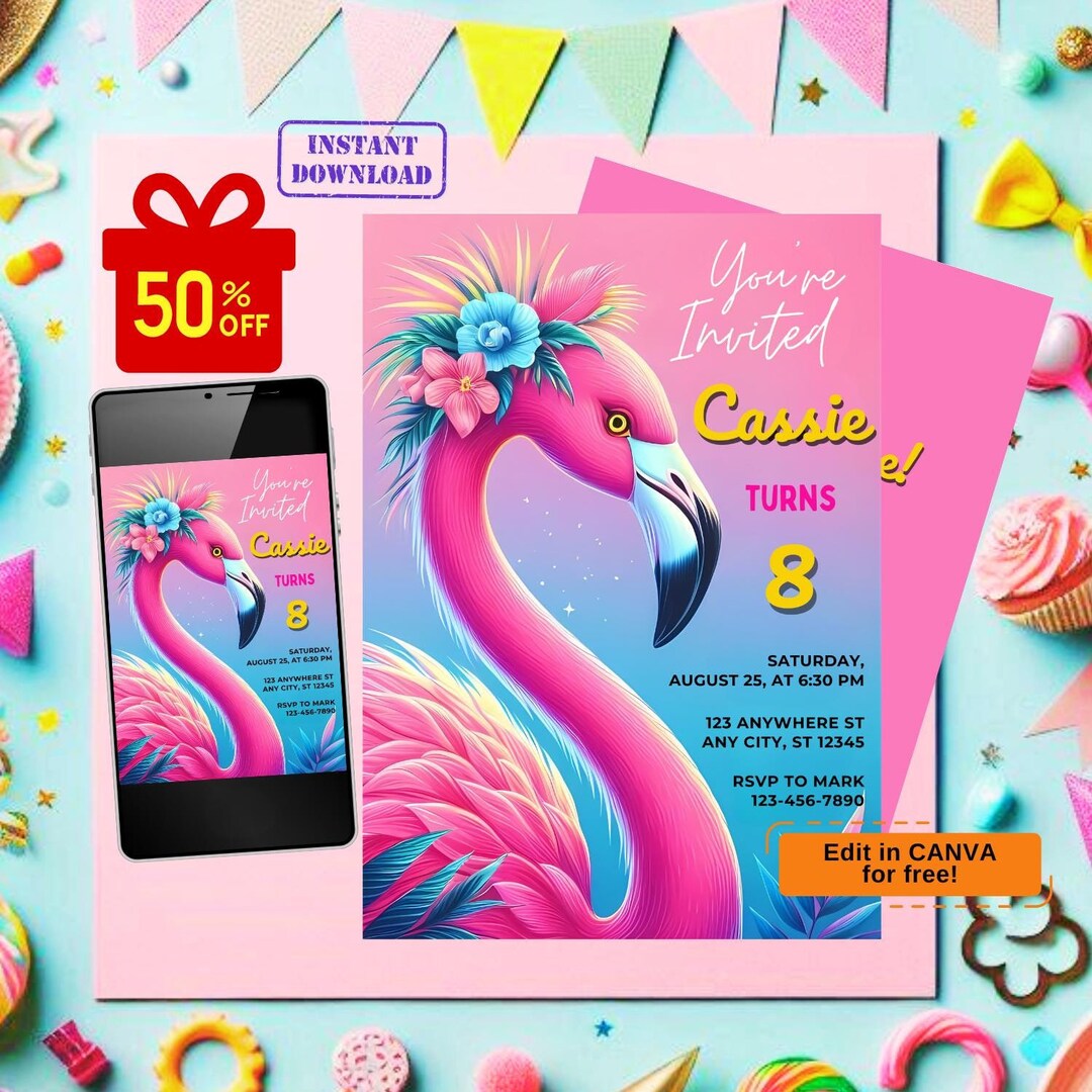 Flamingo Birthday Invitation, Flamingo Invitation, Flamingo Birthday ...
