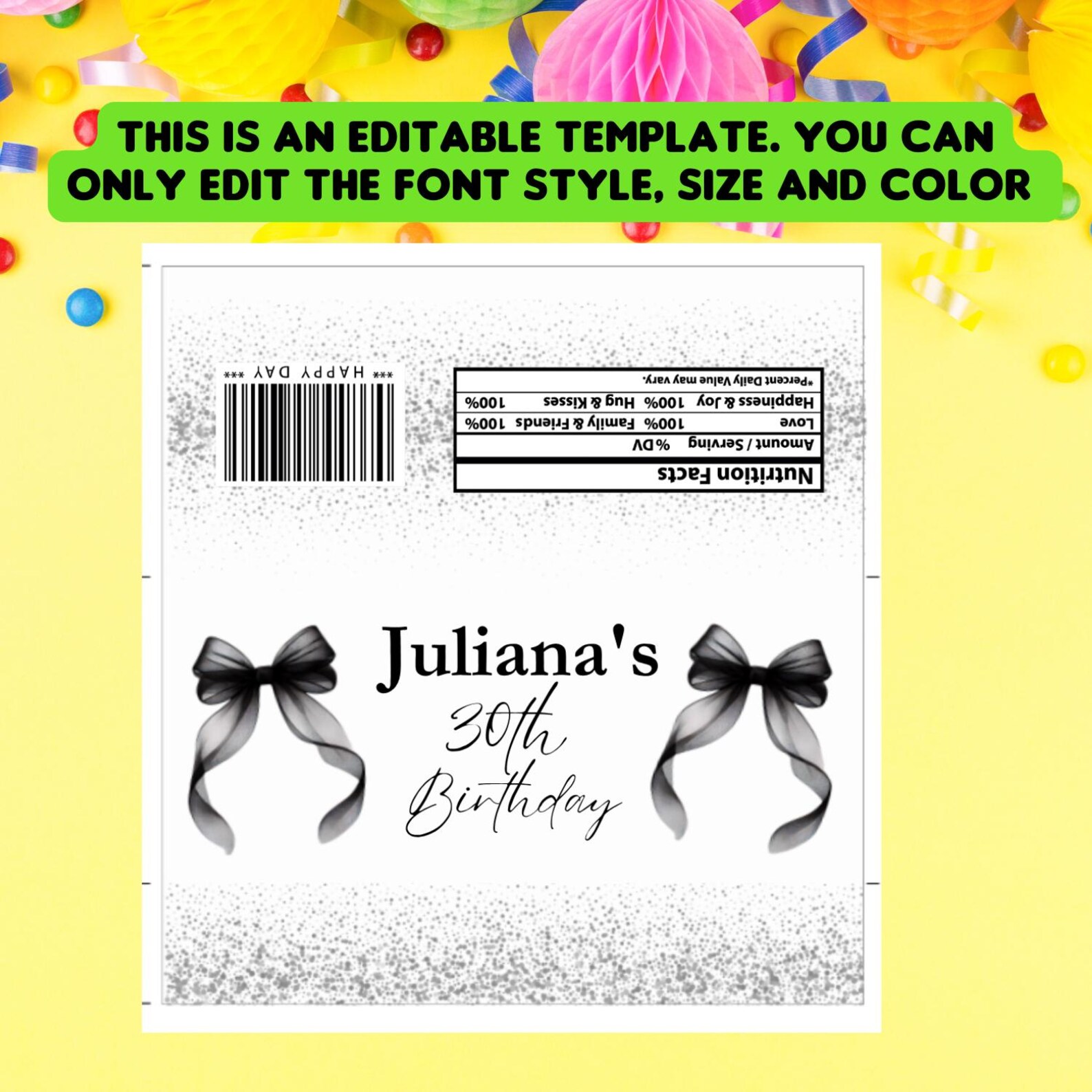 Black Bow Chocolate Wrapper | Editable Candy Bar Wrapper for Parties ...