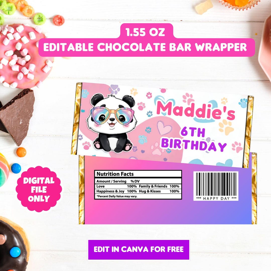 Editable Panda Chocolate Bar Wrapper Label Template, Wild One Chocolate ...