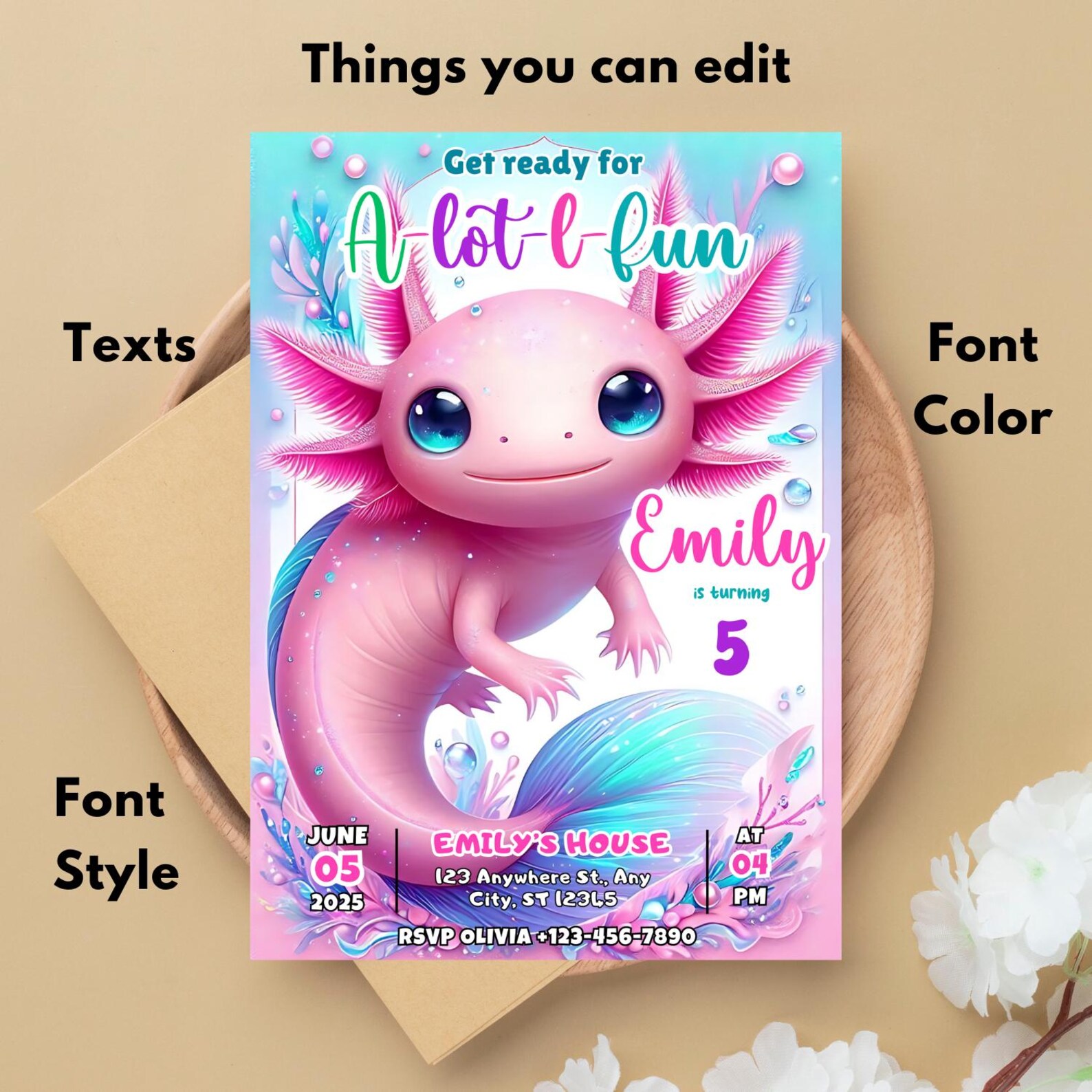 Axolotl Birthday Invitation Pastel for Girl Editable Pink Axolotls ...