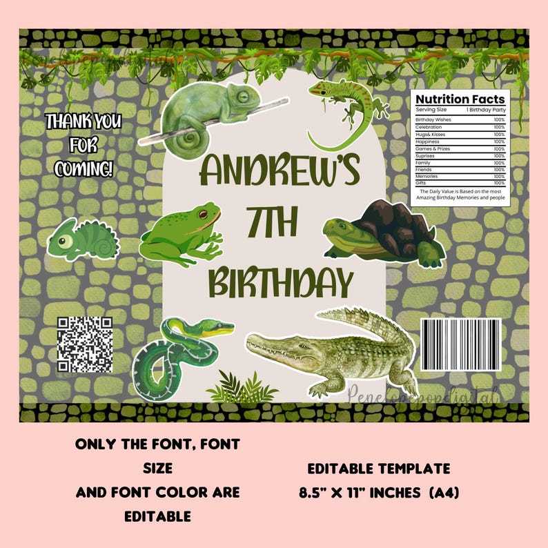Editable Reptile Birthday Chip Bag Wrapper: Canva Template (digital ...