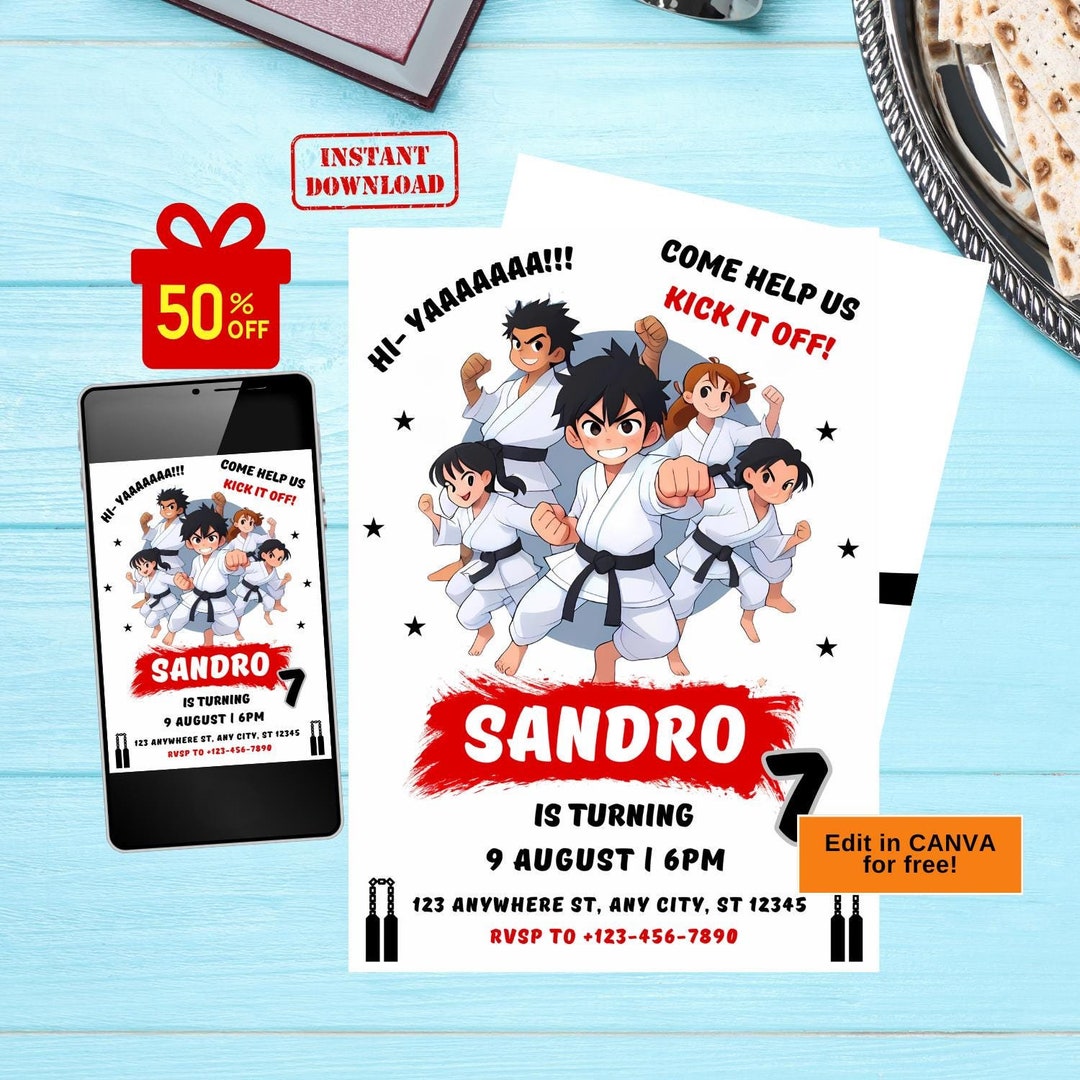 Karate Birthday Invitation, Taekwondo Party Invitation, Karate ...