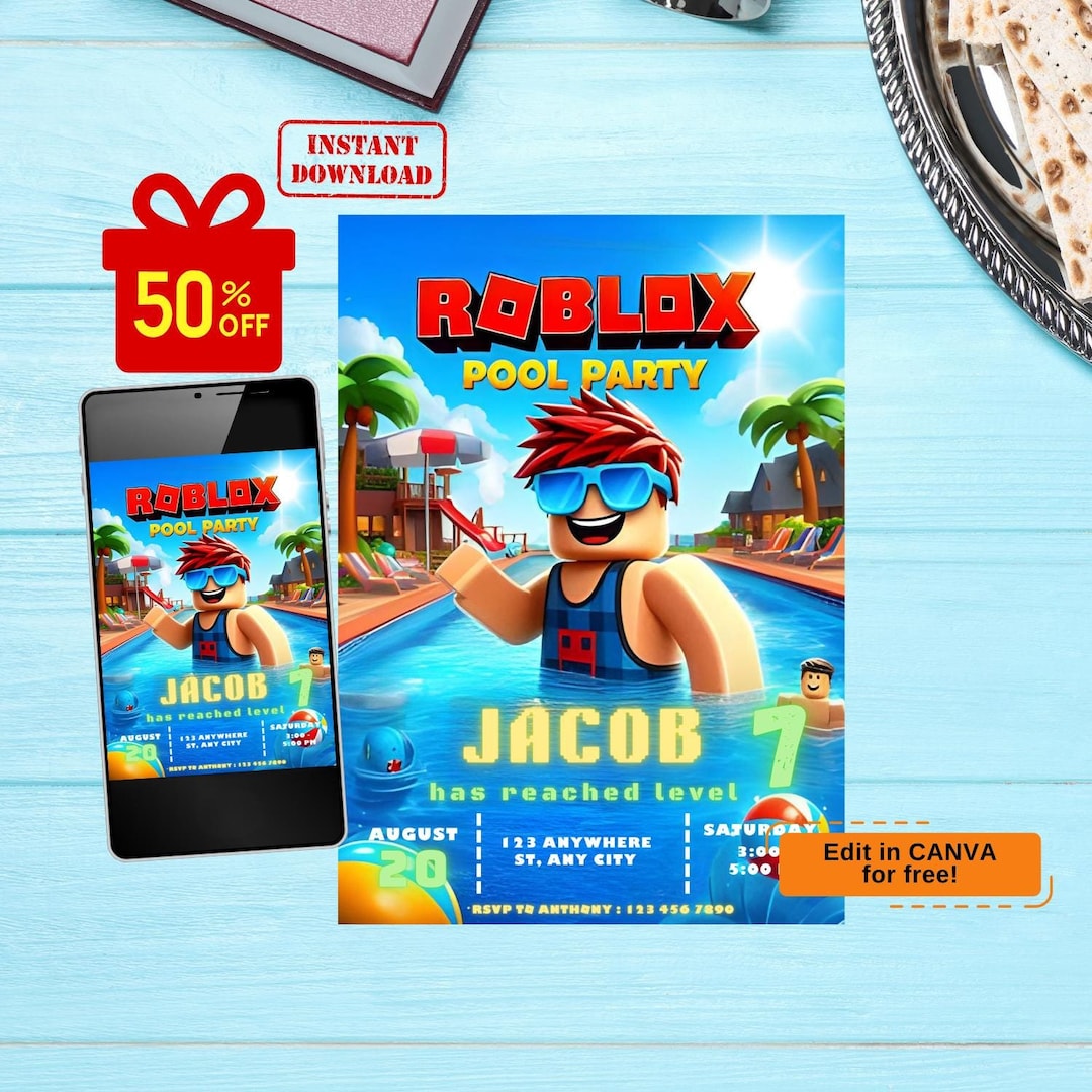 Roblox Pool Party, Roblox Birthday Invitation, Roblox Invitation ...
