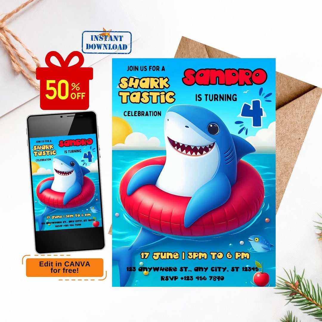 Shark Birthday Invitation, Shark Party Invitation, Shark Invitation ...
