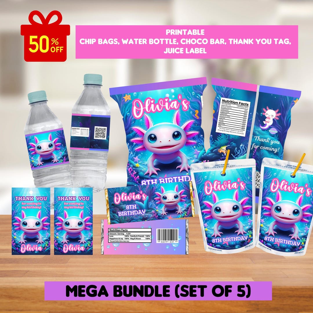 Editable Axolotl Birthday Party Bundle Printable, Axolotl Chip Bag ...