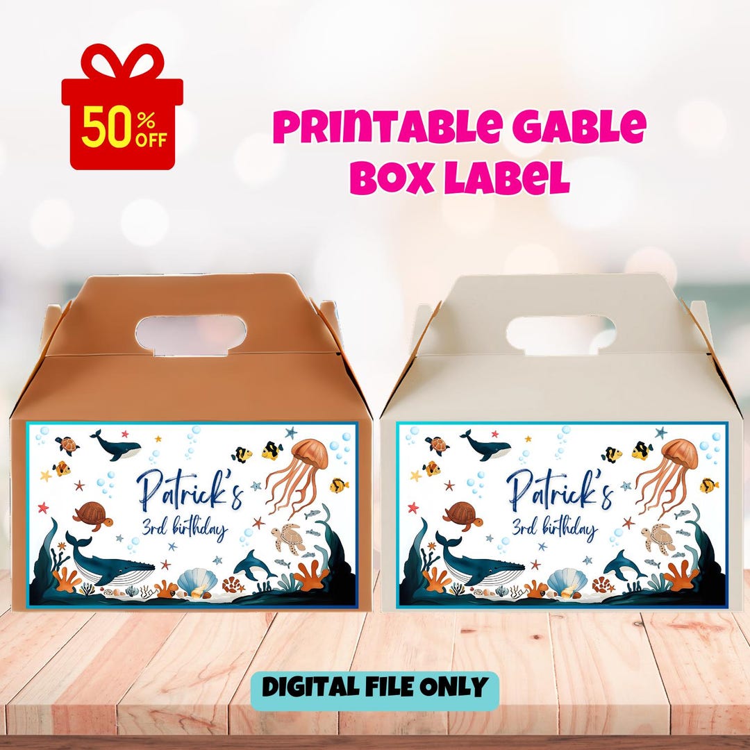 Under the Sea Gable Box Label Template, Editable Ocean Animals Party ...