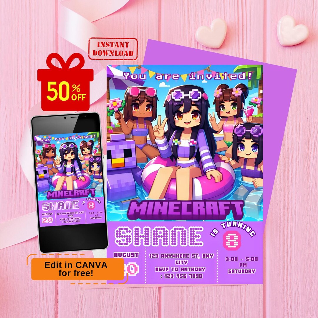 Editable Pool Party Minecraft Birthday Invitation, Minecrafter Birthday ...