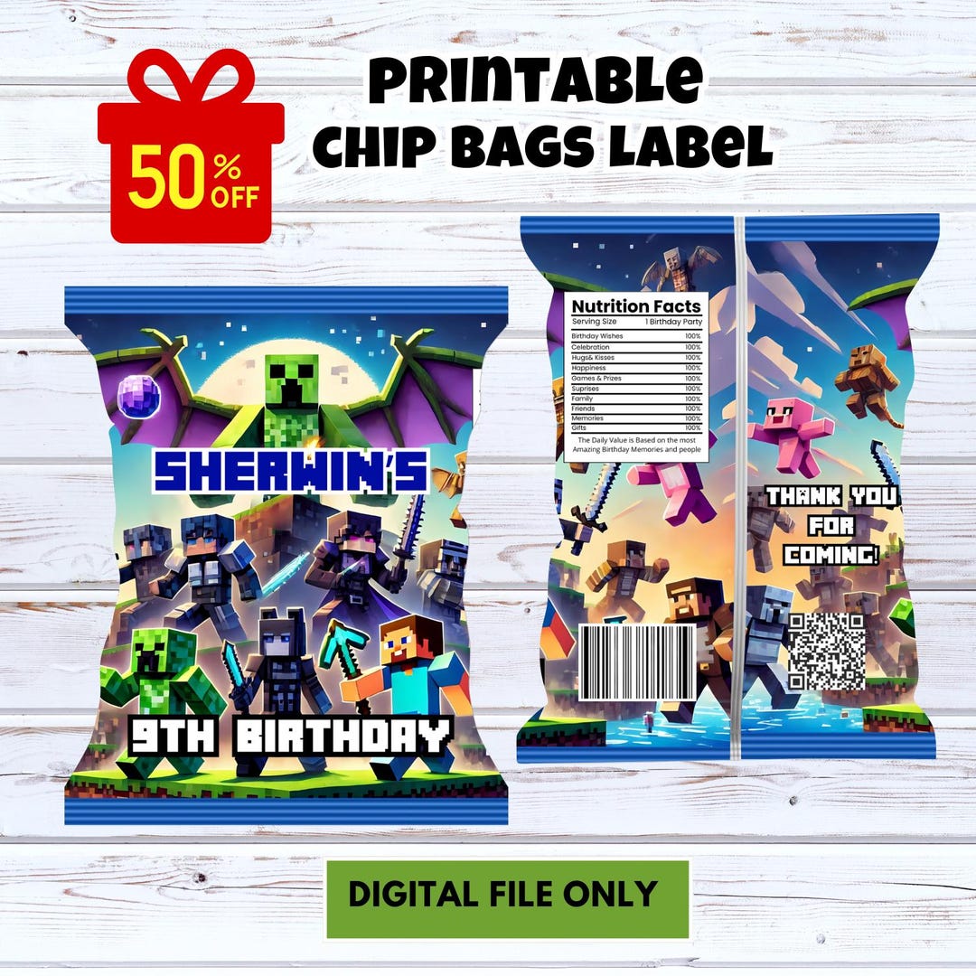 Minecrafter Chip Bag Template, Party Labels, Chip Bag Label, Printable ...