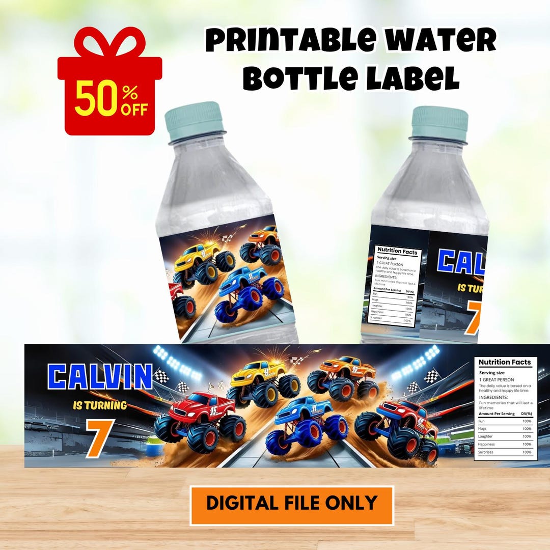 Editable Monster Truck Water Bottle Wrap, DIY Water Bottle Label ...