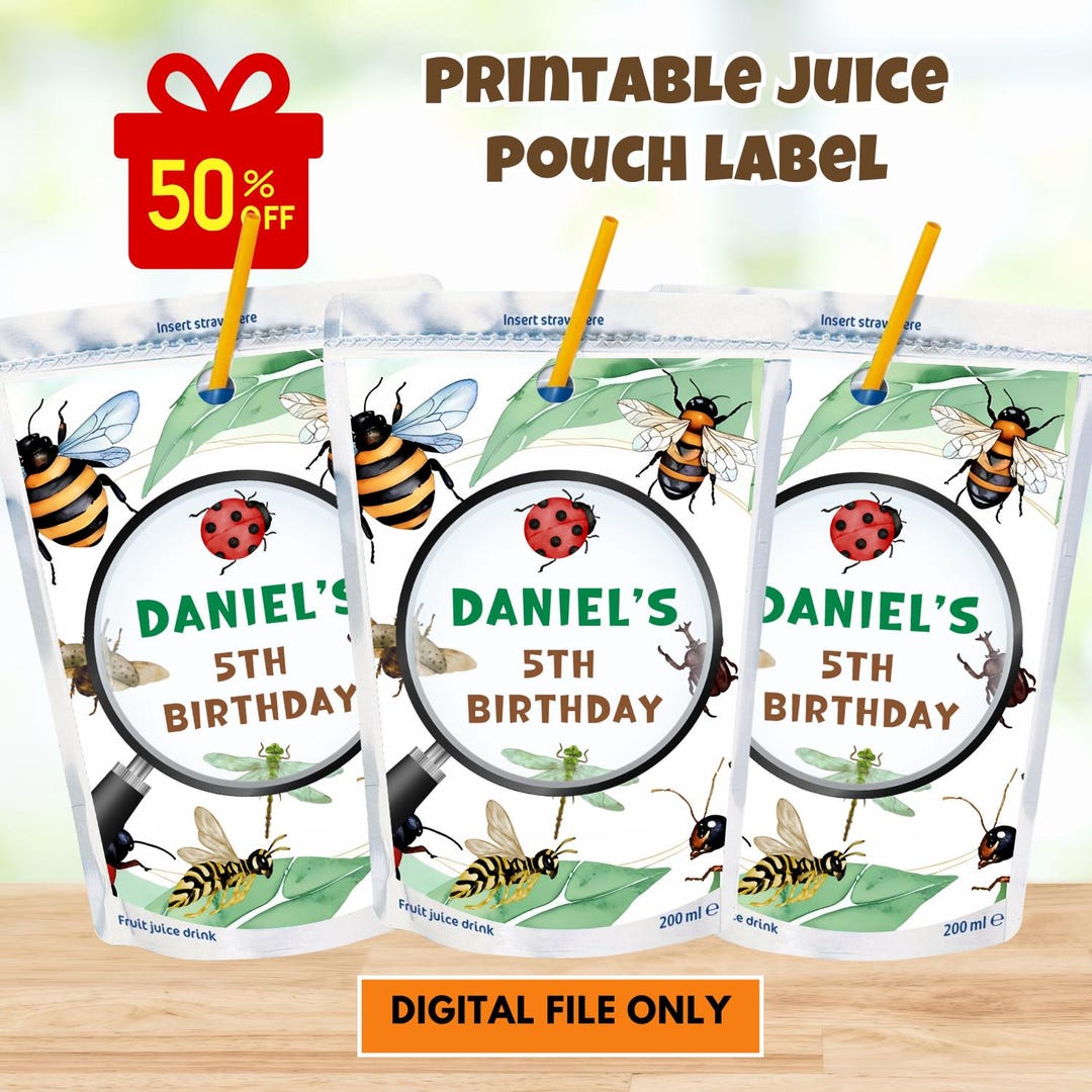 Editable Bug Insect Birthday Juice Pouch Label, Insect Birthday Party ...