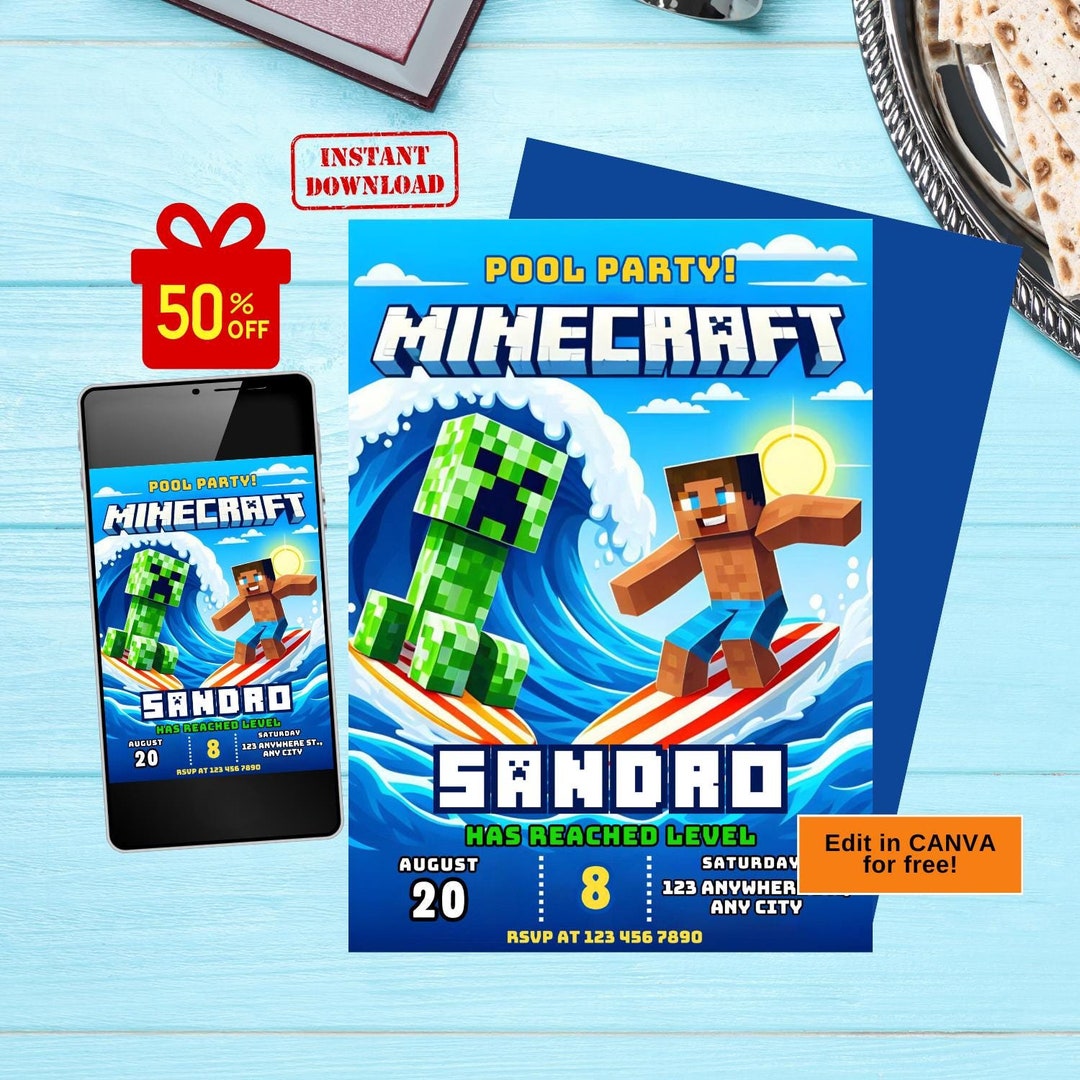 Minecraft Pool Party Birthday Invitation Canva Editable Minecrafter ...